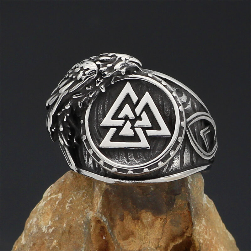 Crow Valknut Triangle Stainless Steel Viking Ring - Rock & Spark