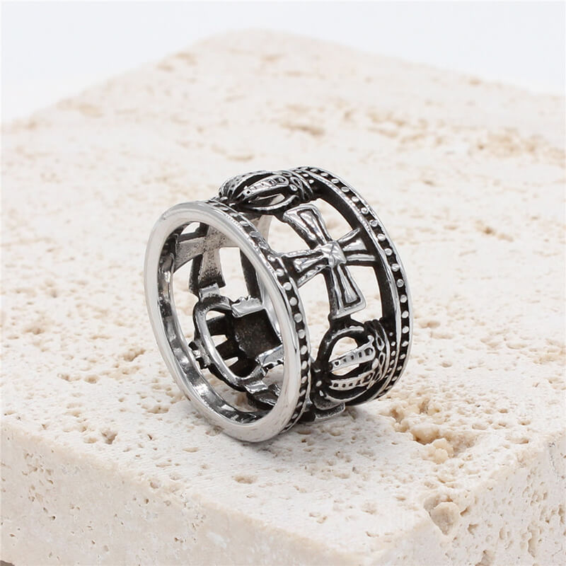 Vintage Openwork Cross Crown Stainless Steel Ring - Rock & Spark