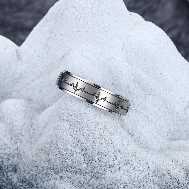 ECG Heartbeat Decompression Stainless Steel Spinner Ring - Rock & Spark