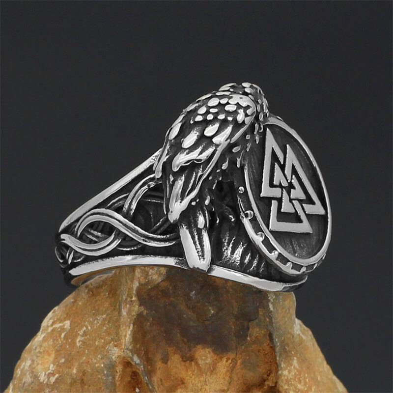 Crow Valknut Triangle Stainless Steel Viking Ring - Rock & Spark