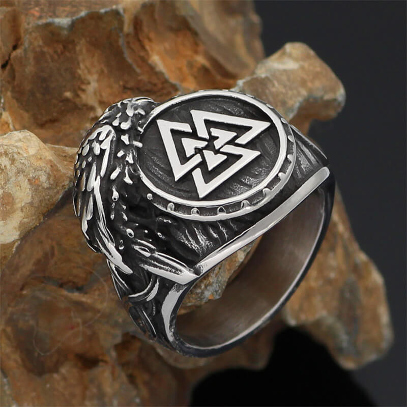 Crow Valknut Triangle Stainless Steel Viking Ring - Rock & Spark
